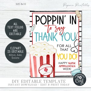 Editable Popcorn Nurse Appreciation Sign: Thank You Gift (DIY Corjl ...