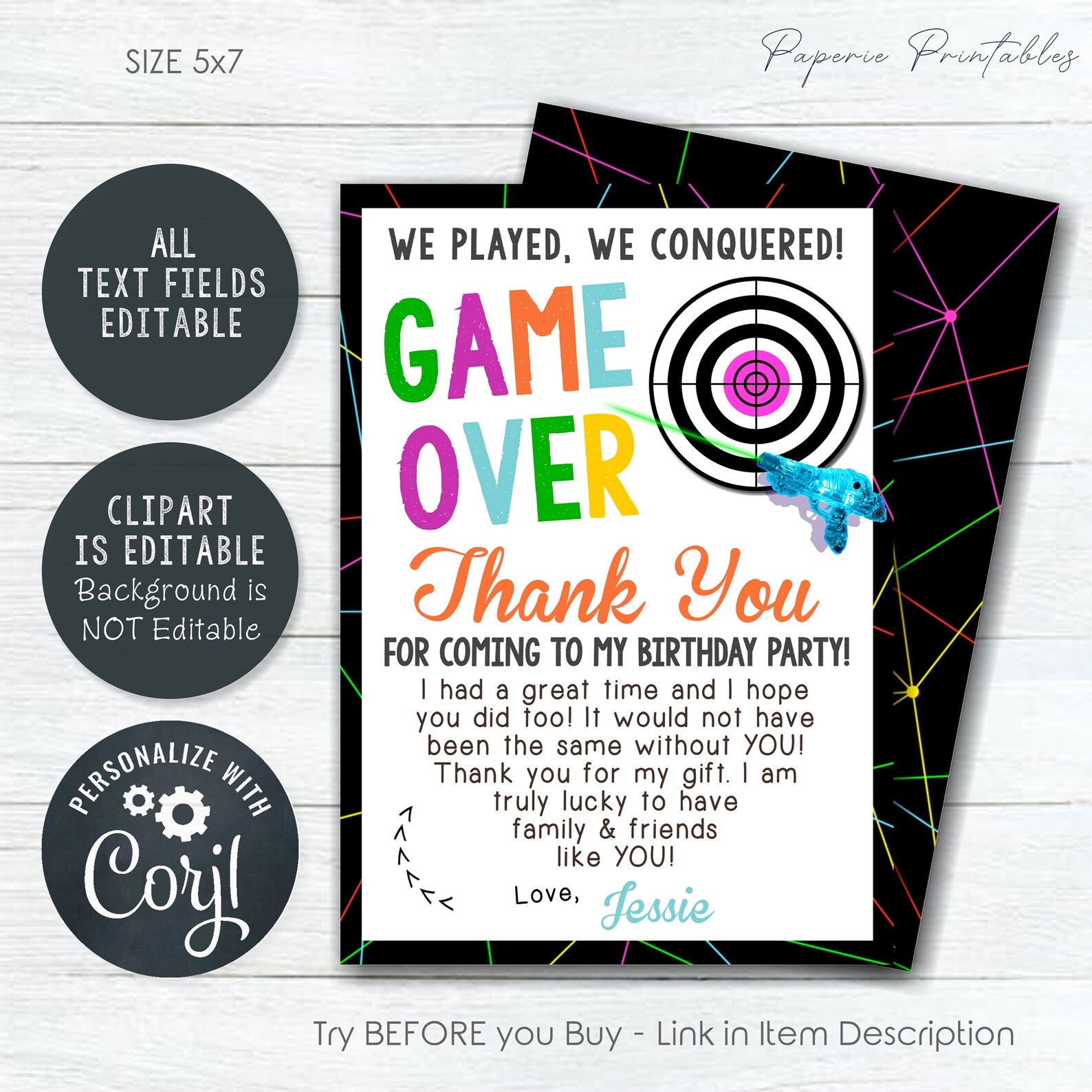 EDITABLE Laser Tag Thank You Card Laser Tag Birthday Party | Etsy