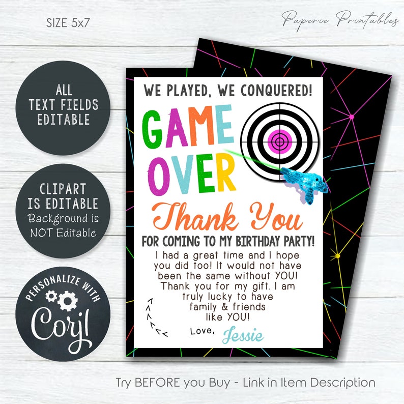 Laser Tag Thank You Card: Editable Birthday Party Thank You Card ...