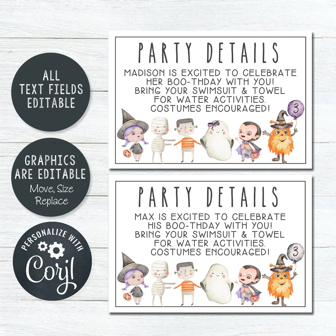 Editable Halloween Birthday Insert Cards: Costume Party Details (DIY ...