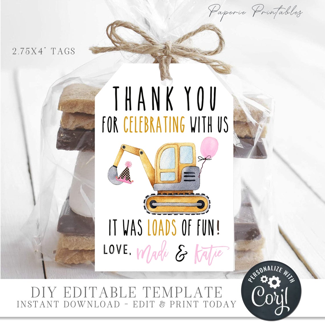 EDITABLE Girl Construction Birthday Favor Tags Construction - Etsy