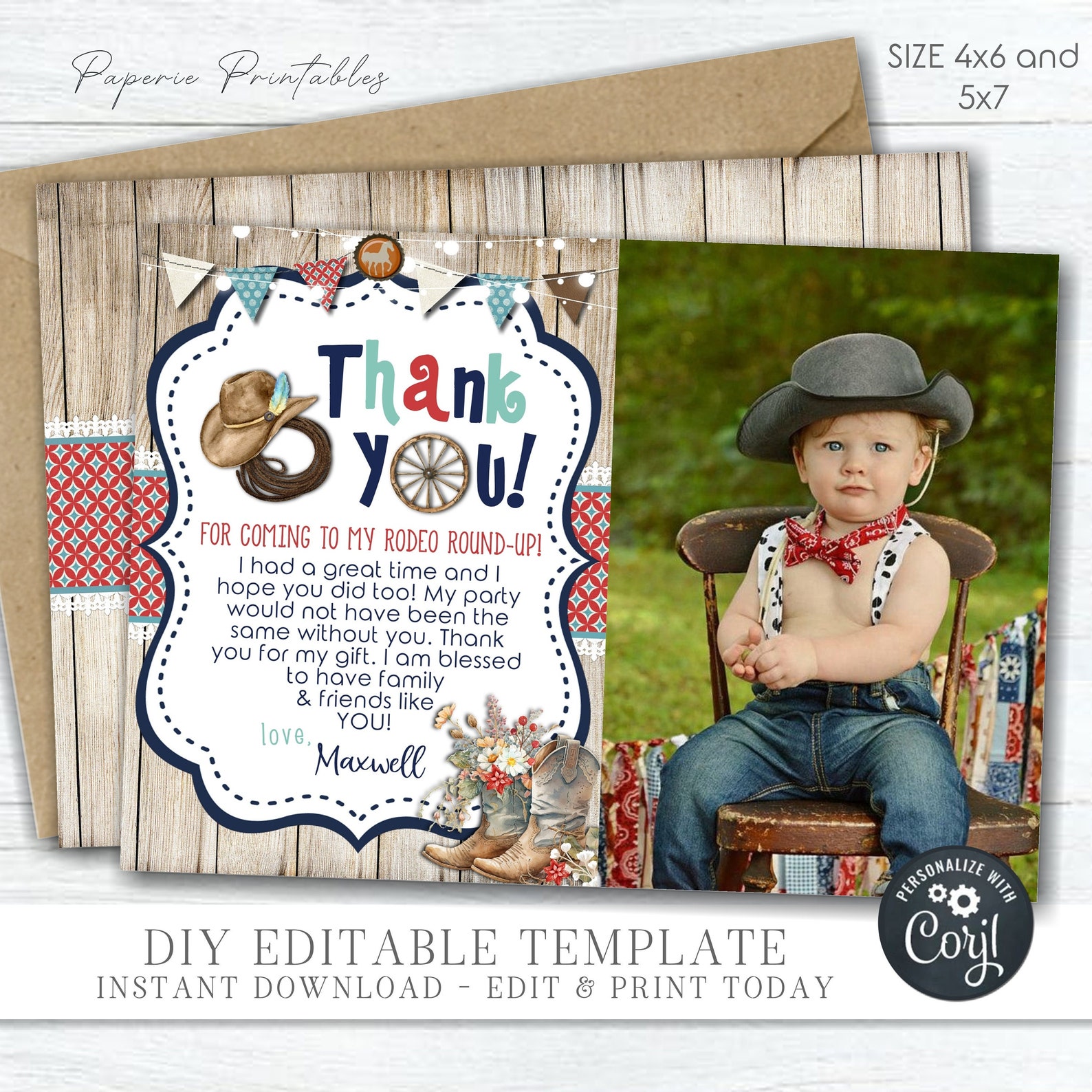 Editable Cowboy Birthday Thank You Card: Western Theme (DIY With Corjl ...