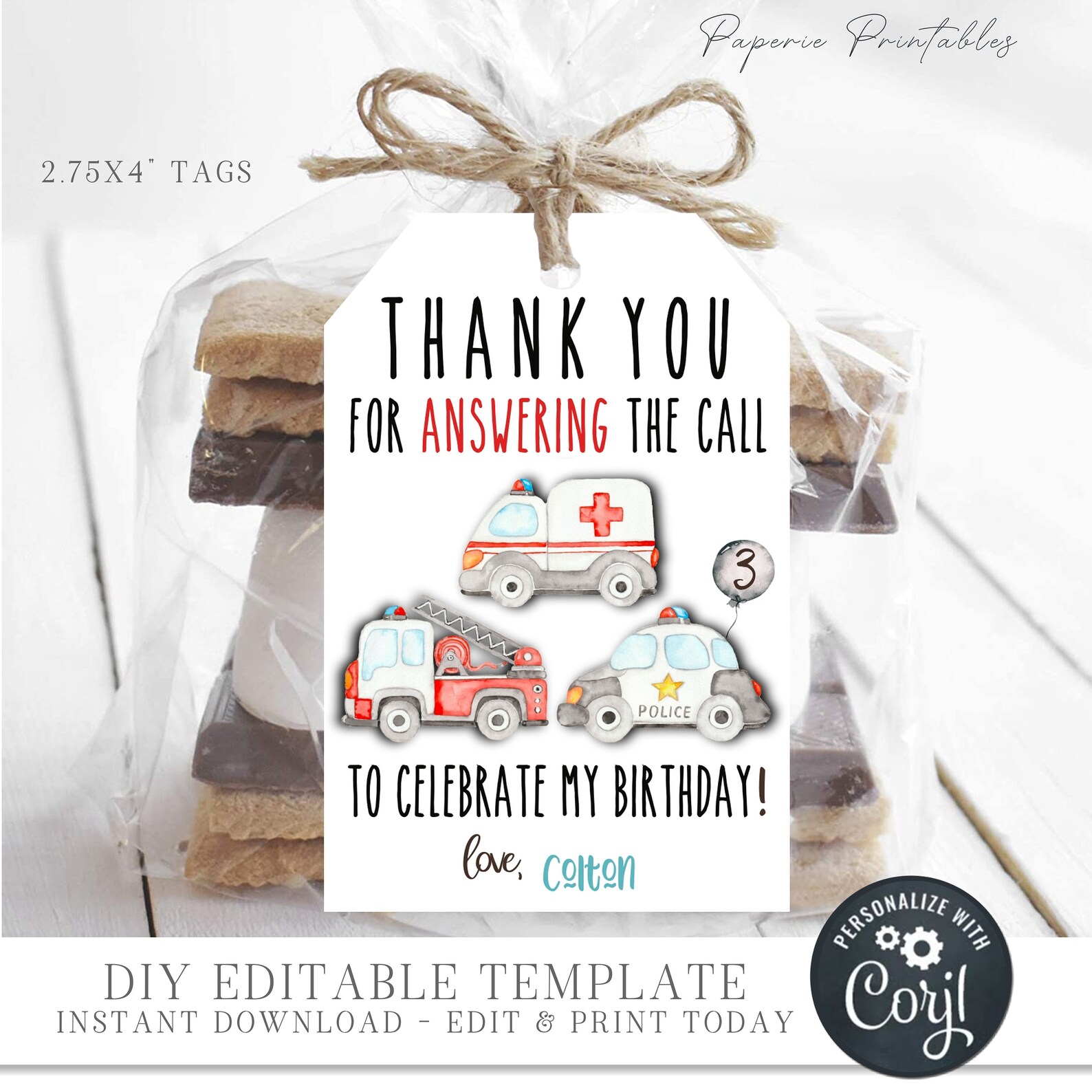 Editable First Responders Birthday Favor Tags (digital Download) #BP125 ...