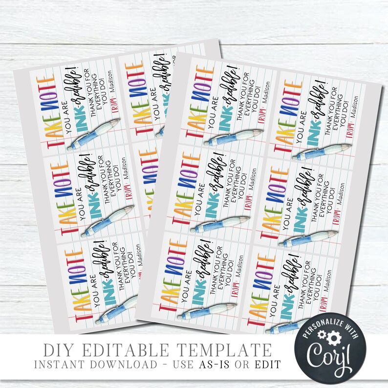 Editable Pen Teacher Appreciation Gift Tag (DIY Corjl Template) - Etsy