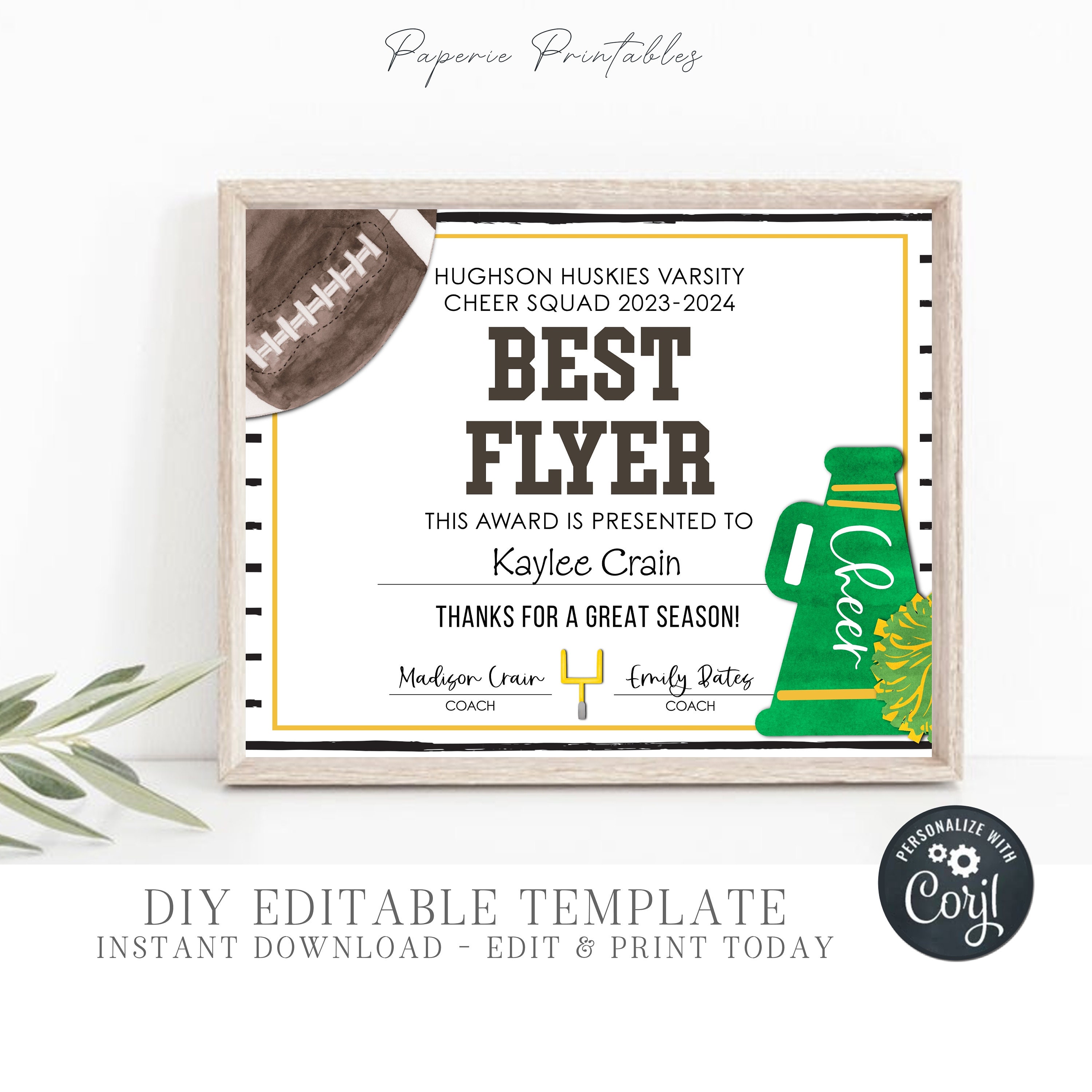 Editable Cheerleading Award Template: Green & Yellow End of Season (DIY ...