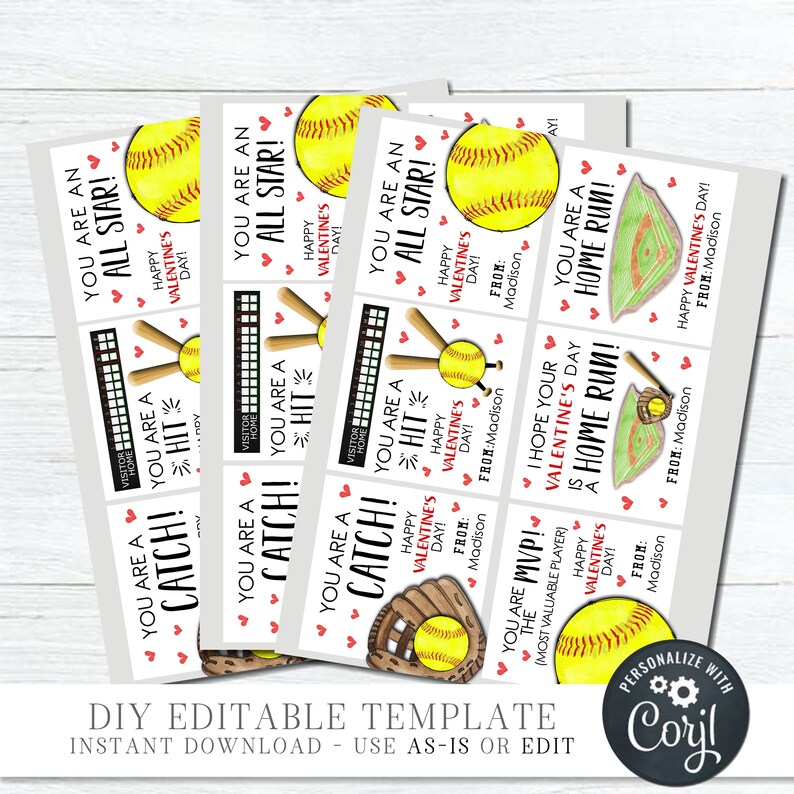 EDITABLE Valentine Cards for Kids Softball Valentine Cards - Etsy