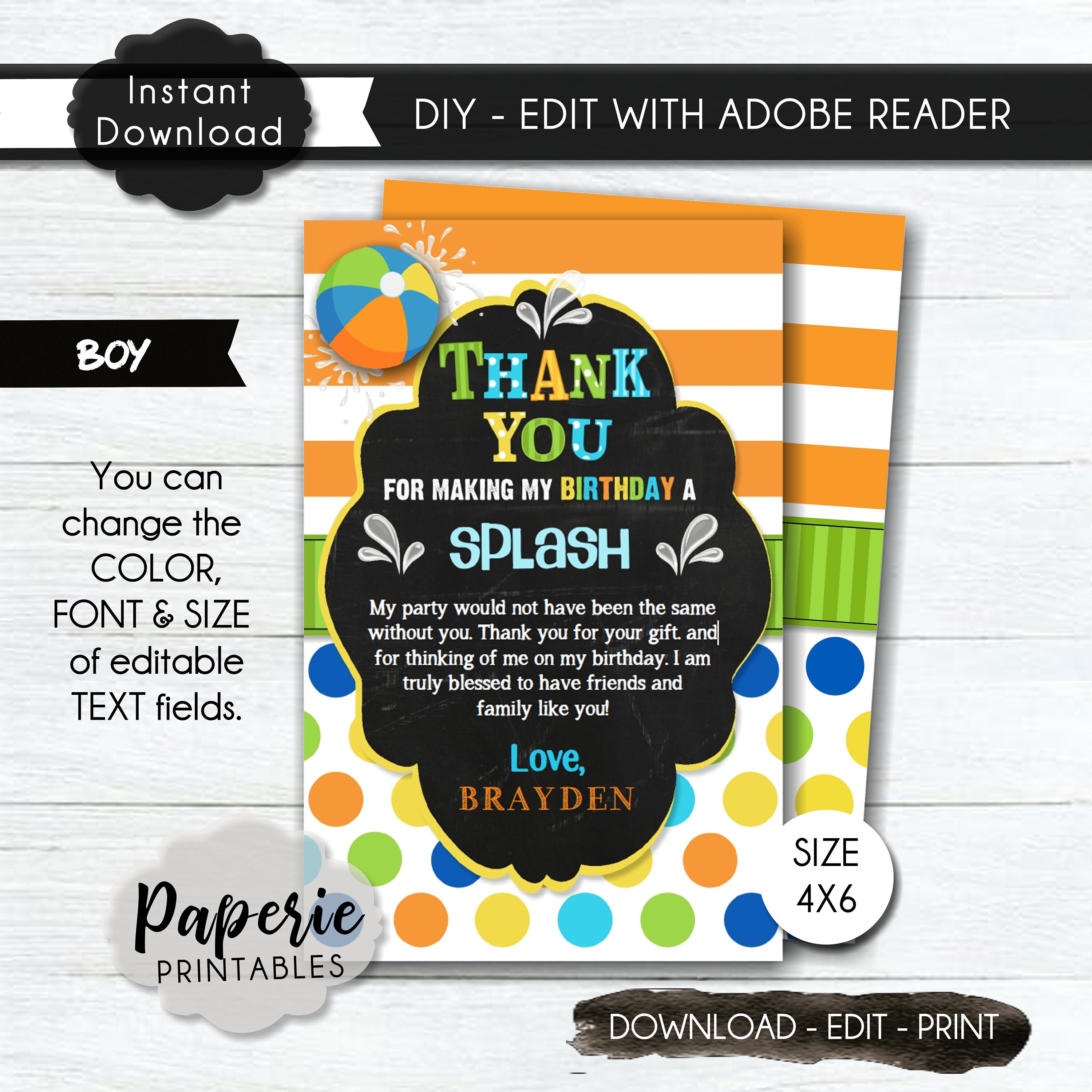 Pool Party Birthday Thank You Card Template Swimming Thank - Etsy