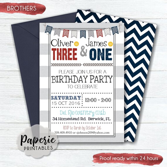 Brothers Birthday Party Invitation Siblings Joint Birthday | Etsy