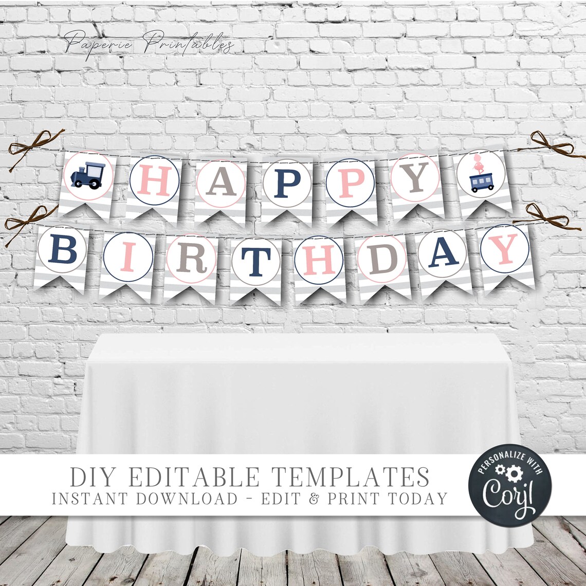 EDITABLE Happy Birthday Pennant Banner Choo Choo and Tutus - Etsy