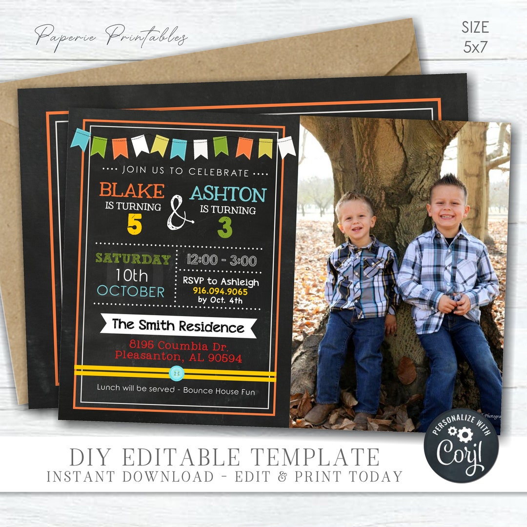 Editable Siblings Birthday Invitation: Joint Party Invite (DIY With ...