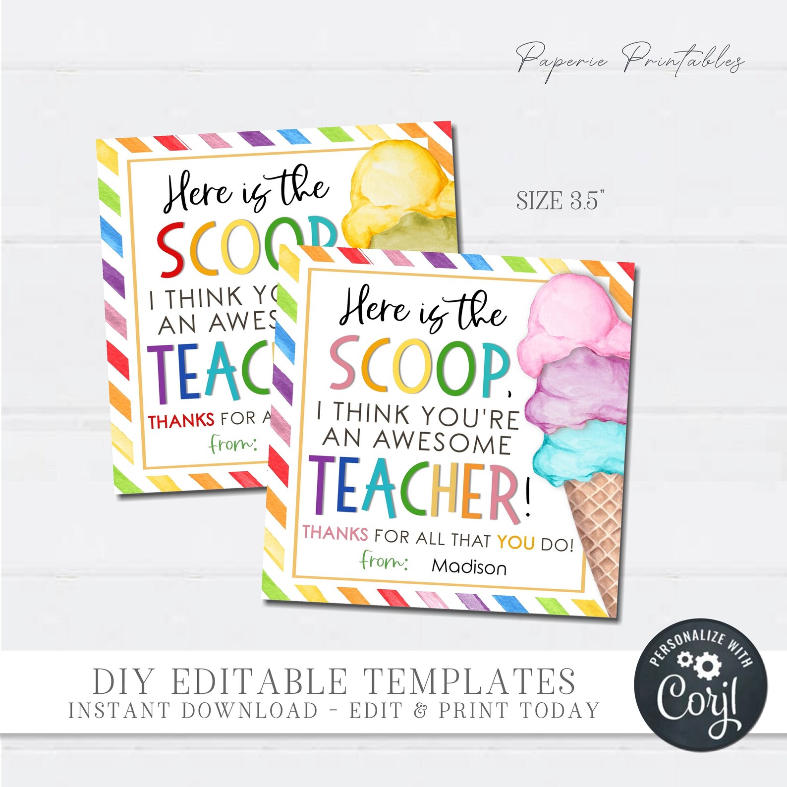 Editable Teacher Appreciation Gift Tag: Ice Cream Scoop (digital ...