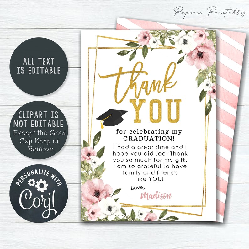 EDITABLE Graduation Thank You Card Thank You Graduation Card - Etsy