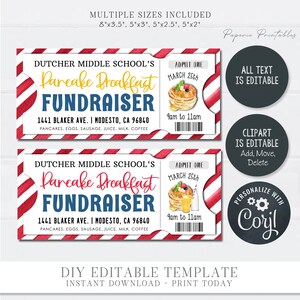 Editable Pancake Breakfast Fundraiser Ticket: DIY Corjl Template ...