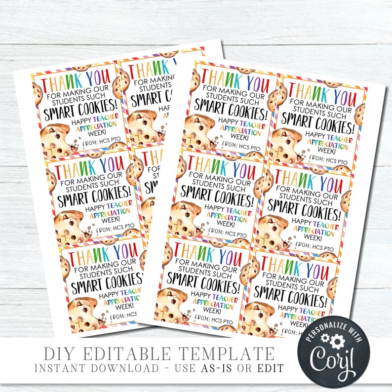Editable Cookie Teacher Appreciation Gift Tag (corjl Digital Download ...