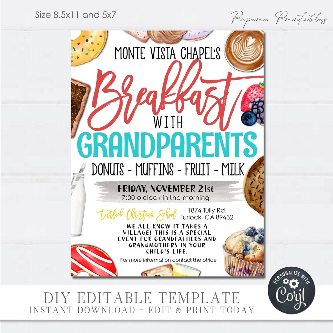 Breakfast With Grandparents Flyer: Editable Event Template (5x7 & 8 ...