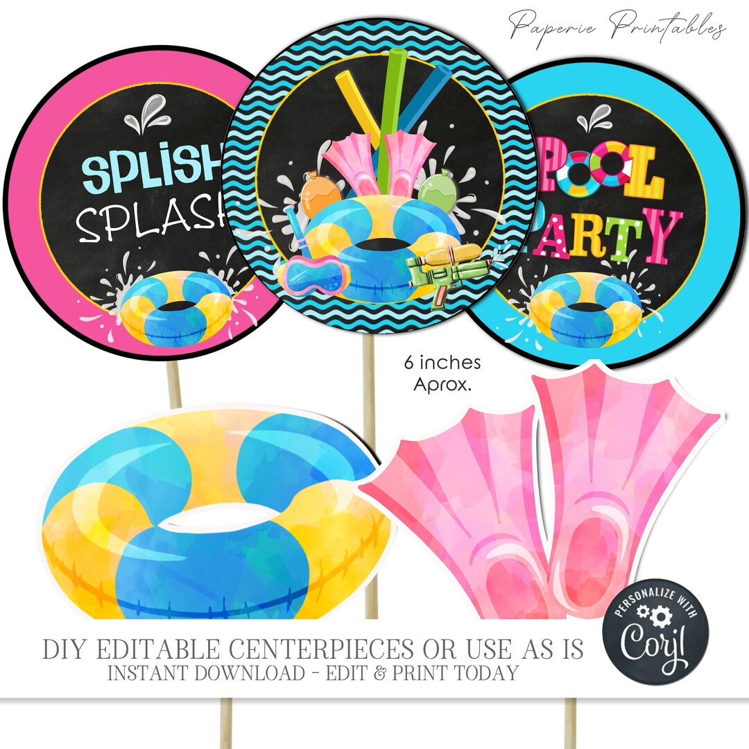 Editable Pool Party Centerpiece Decorations: DIY Corjl Template ...