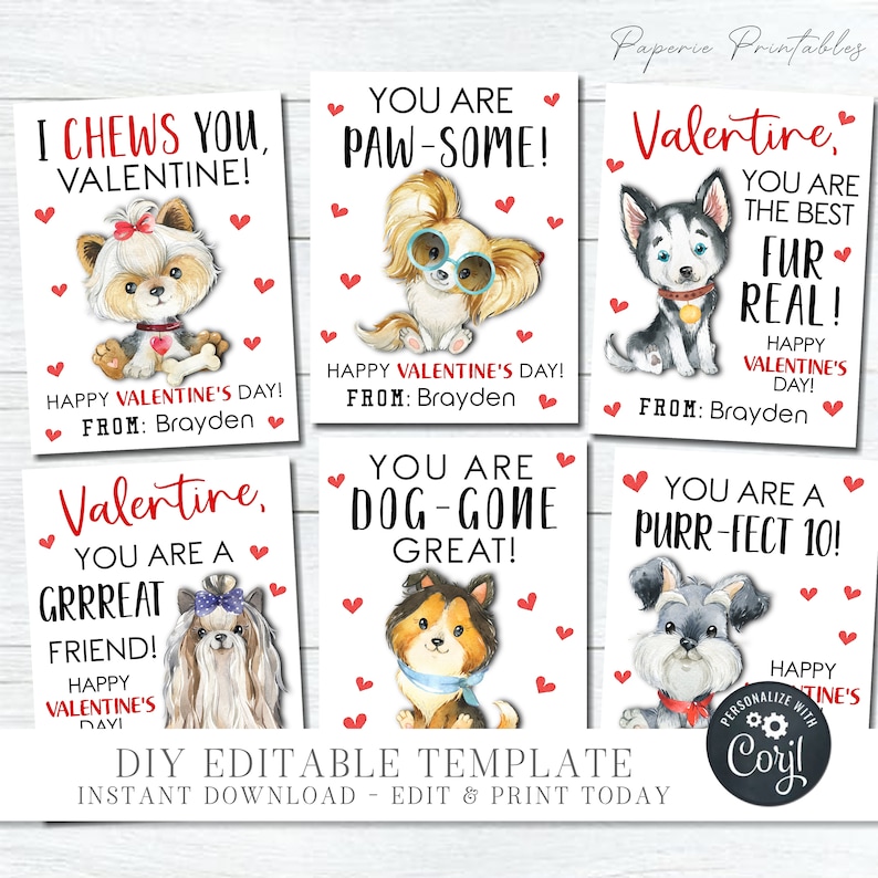 EDITABLE Puppy Valentine Cards Dog Valentine Cards School - Etsy