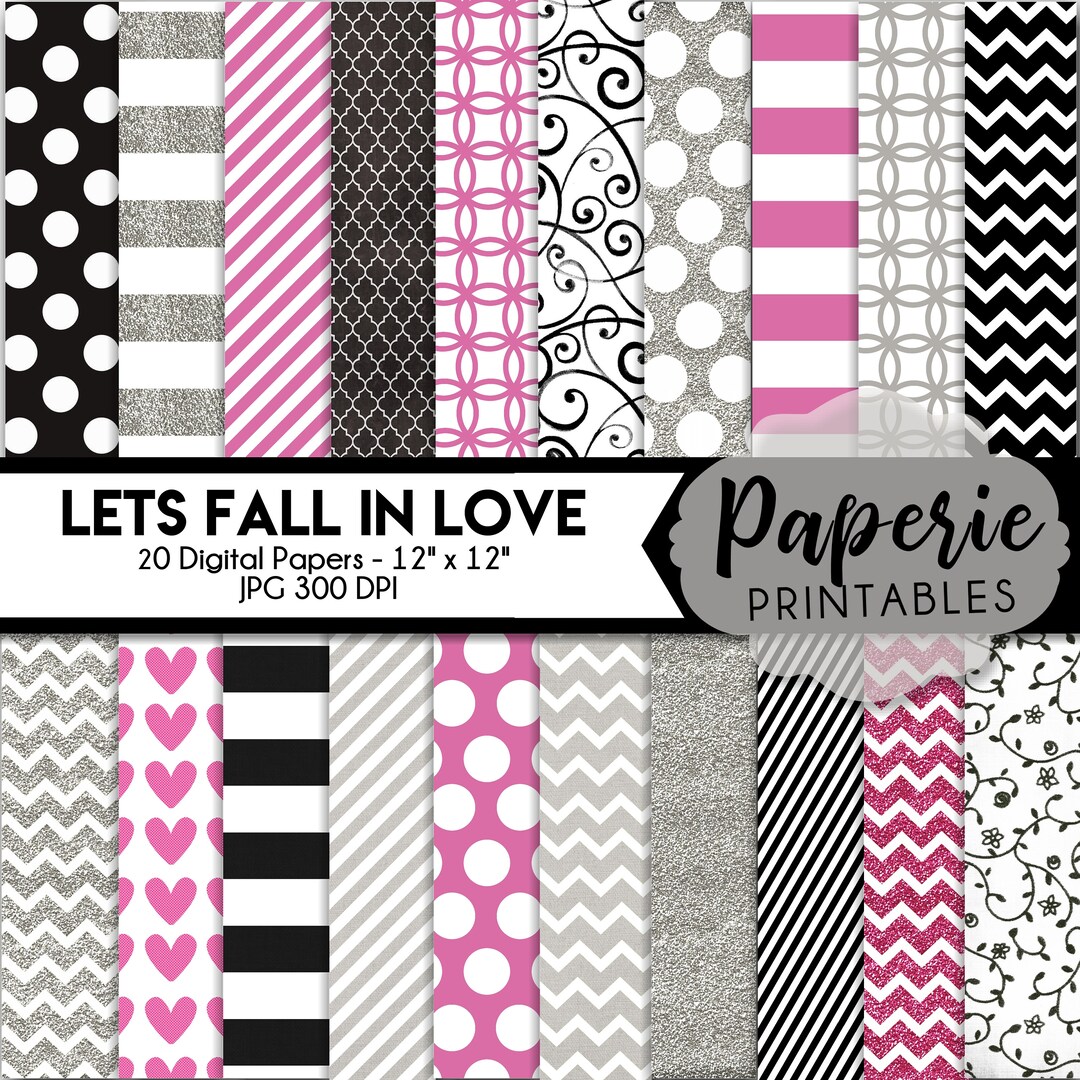 Pink, Grey, Black & White Pattern Digital Paper - 12x12 Digital ...