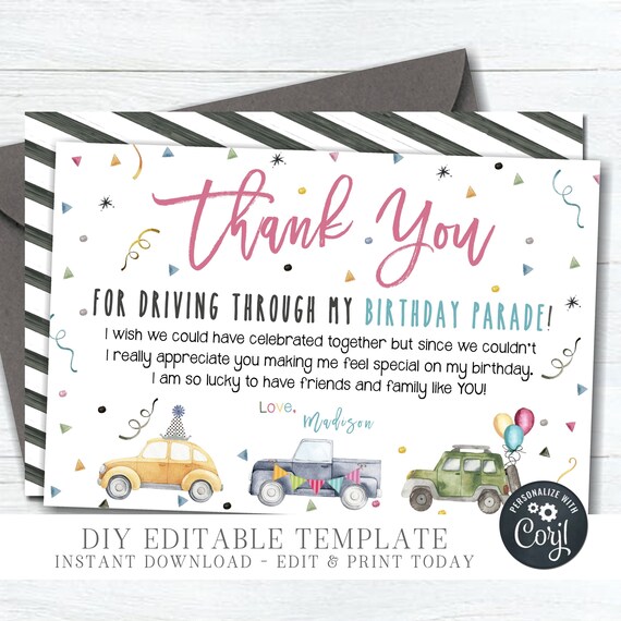EDITABLE Drive by Birthday Thank You Card DIY Thank You - Etsy
