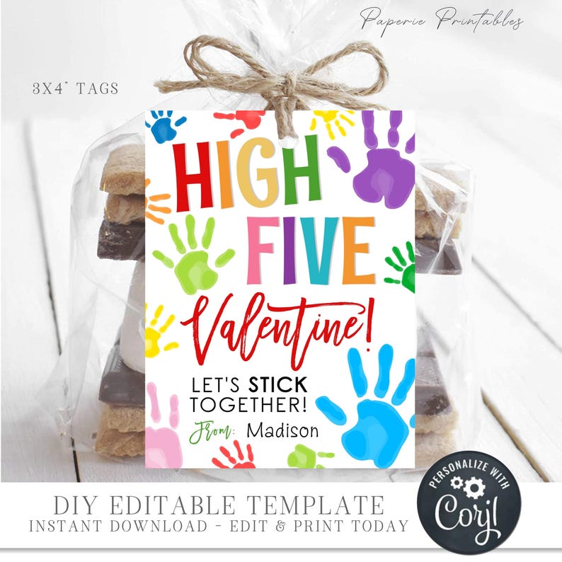 Editable High Five Valentine Gift Tag: Kids Valentine (DIY Corjl ...