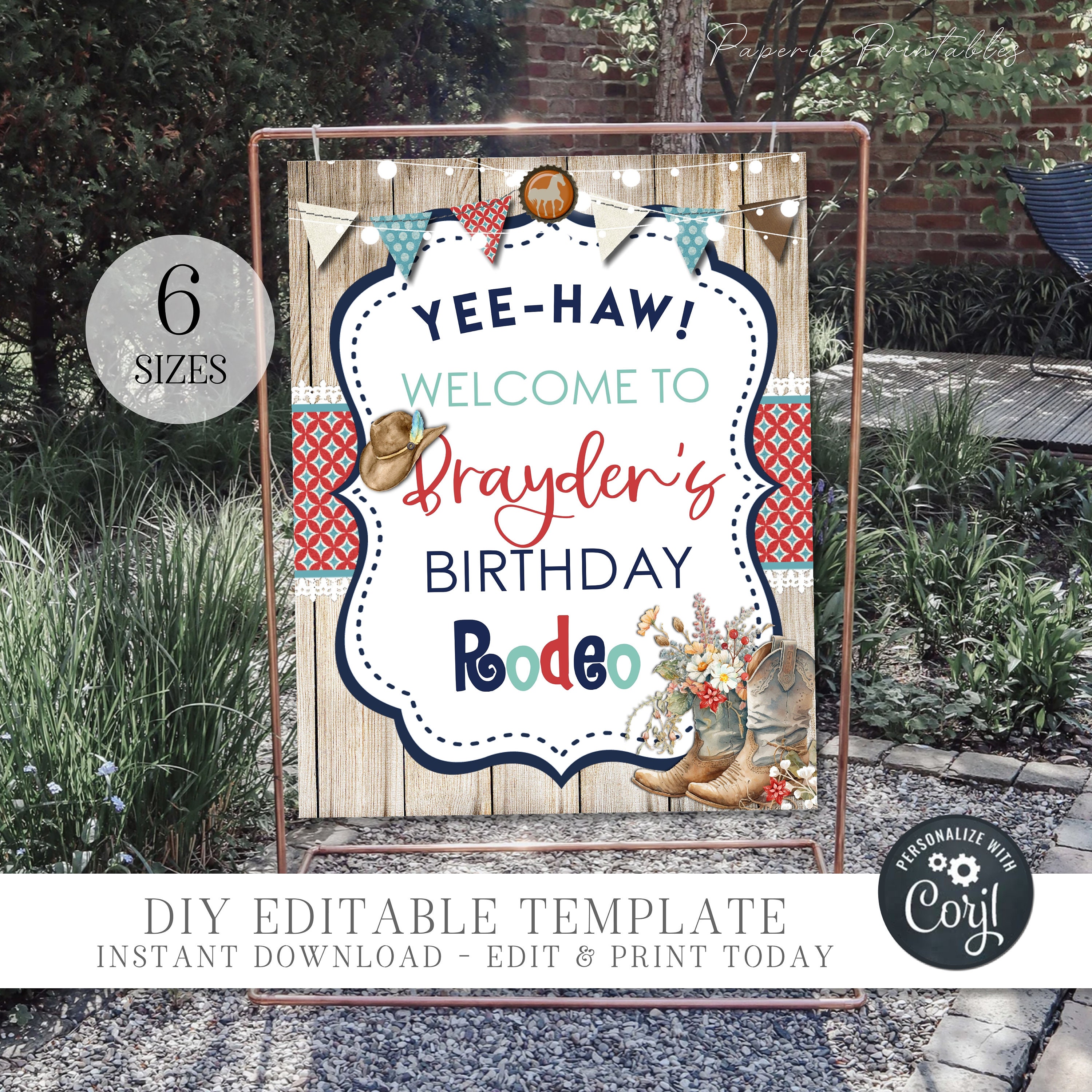 Editable Cowboy Birthday Welcome Sign: Western Rodeo Party (DIY Corjl ...