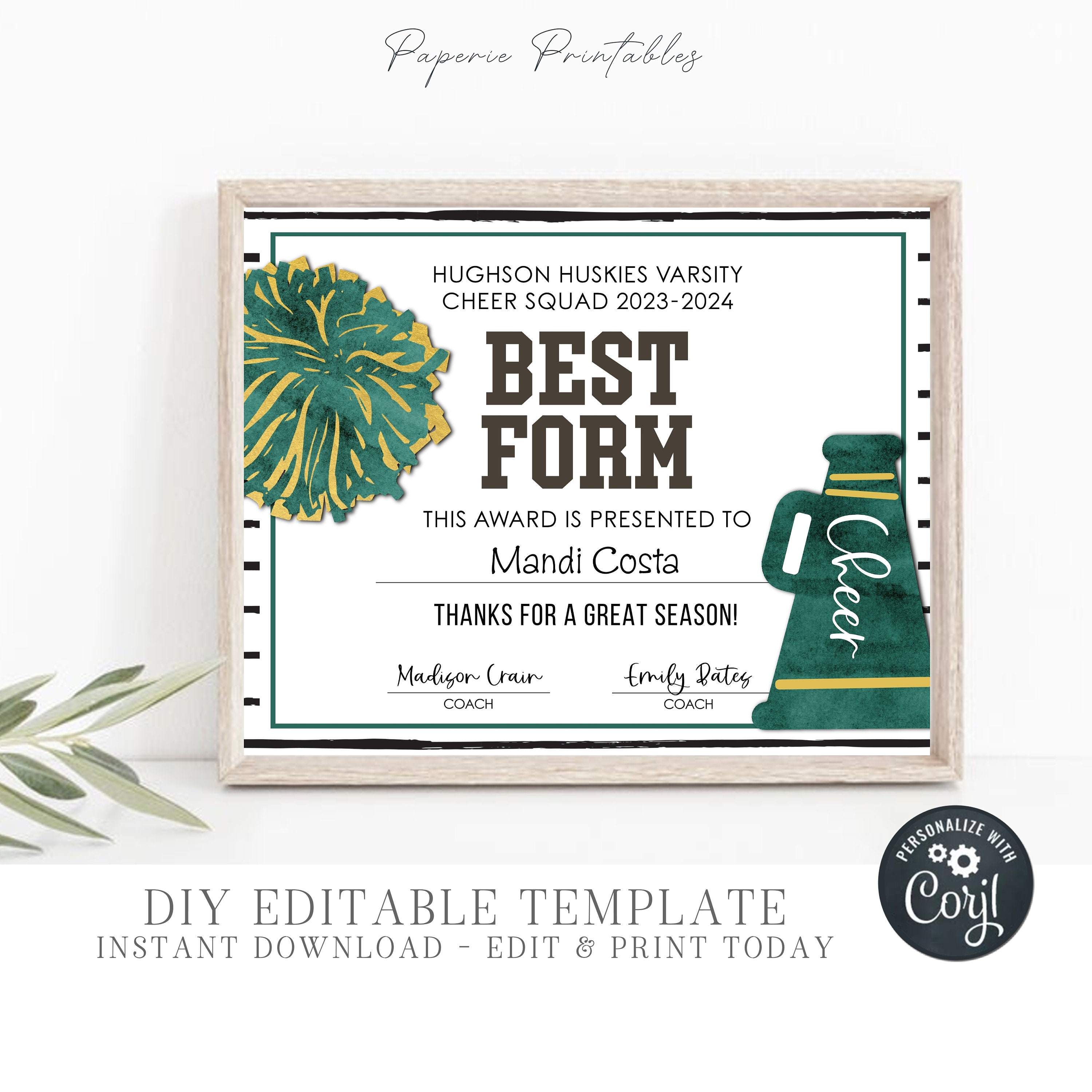 Editable Cheerleading Awards: Green & Gold Team Certificate (DIY W ...