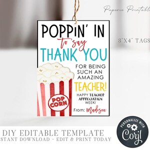 Editable Popcorn Teacher Appreciation Gift Tag (digital Download) # ...