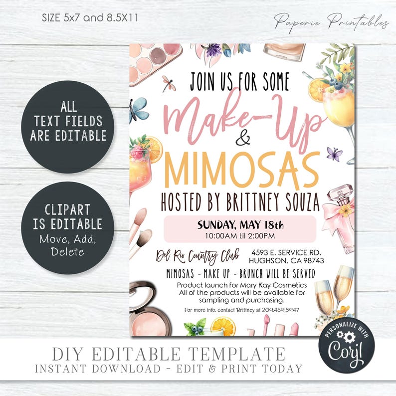 EDITABLE Makeup and Mimosas Flyer, Make up and Mimosa's Event, Mimosas ...