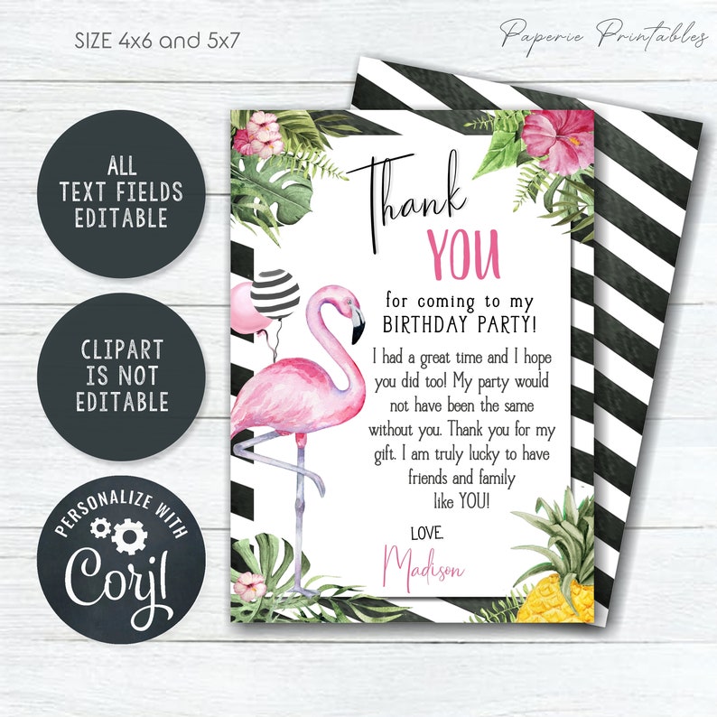 Editable Flamingo Birthday Thank You Card: Tropical Design (DIY Corjl ...