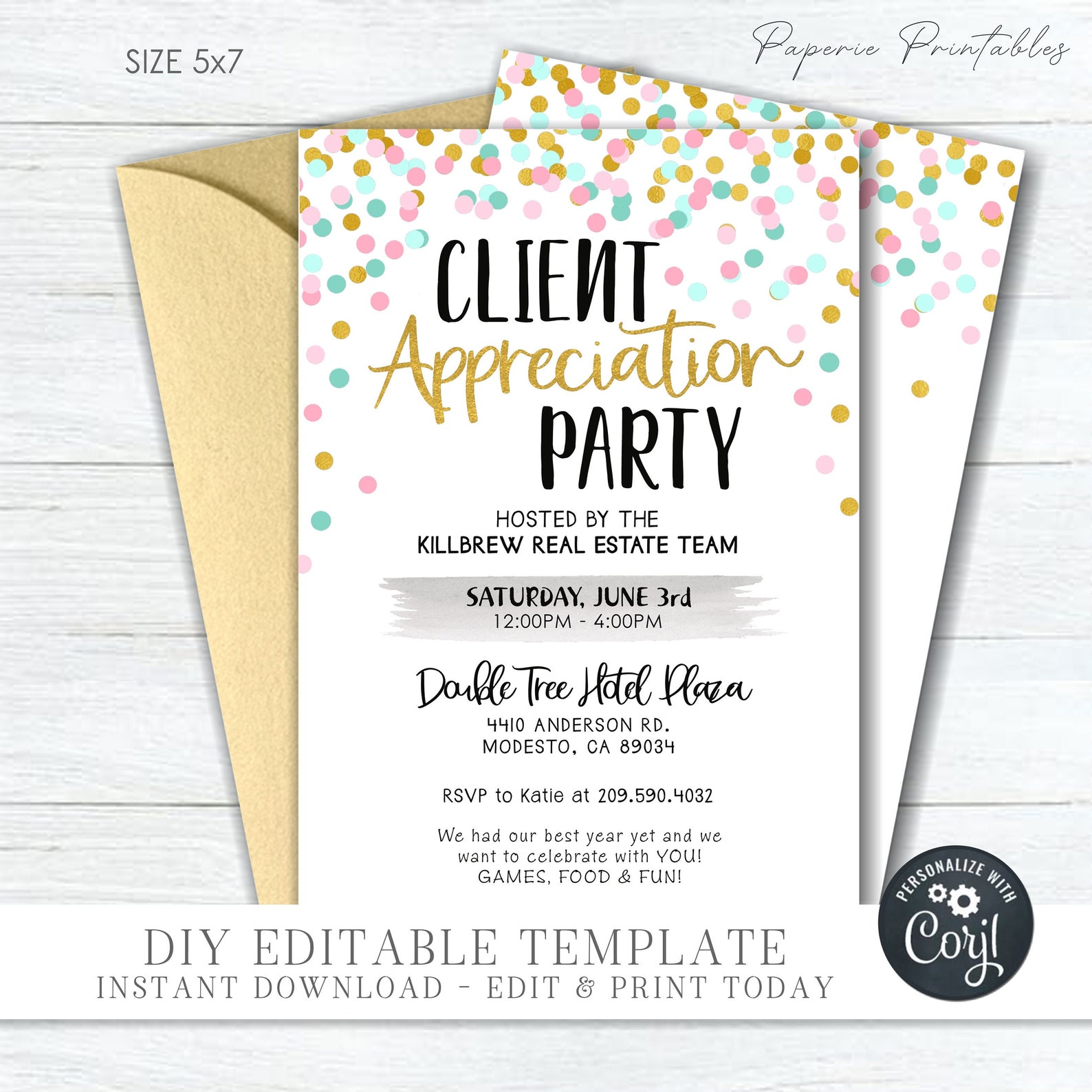 Editable Client Appreciation Party Invitation: Gold Confetti (DIY Corjl ...