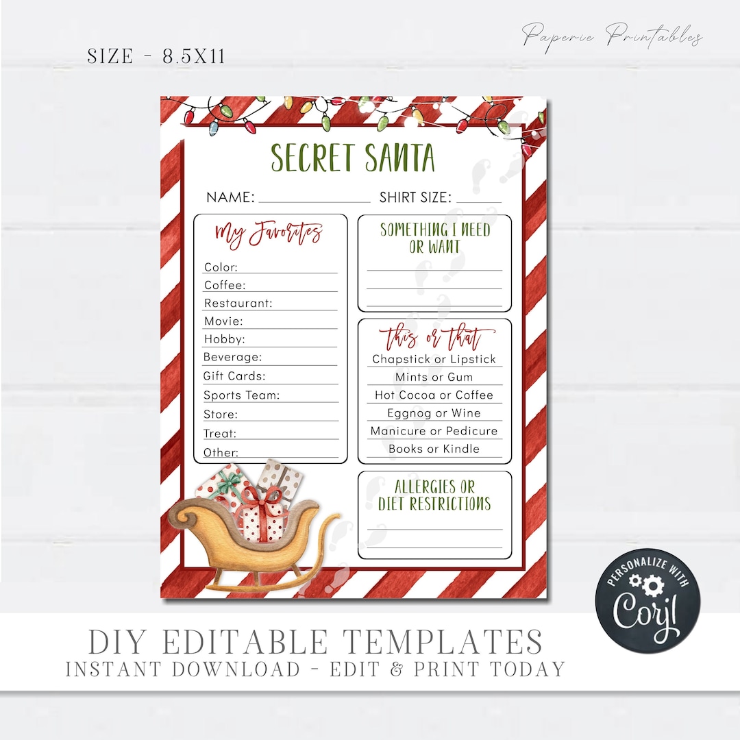 EDITABLE Secret Santa Questionnaire Printable, Christmas Secret Santa ...