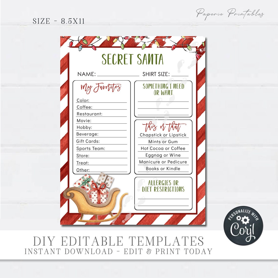EDITABLE Secret Santa Questionnaire Printable Christmas - Etsy
