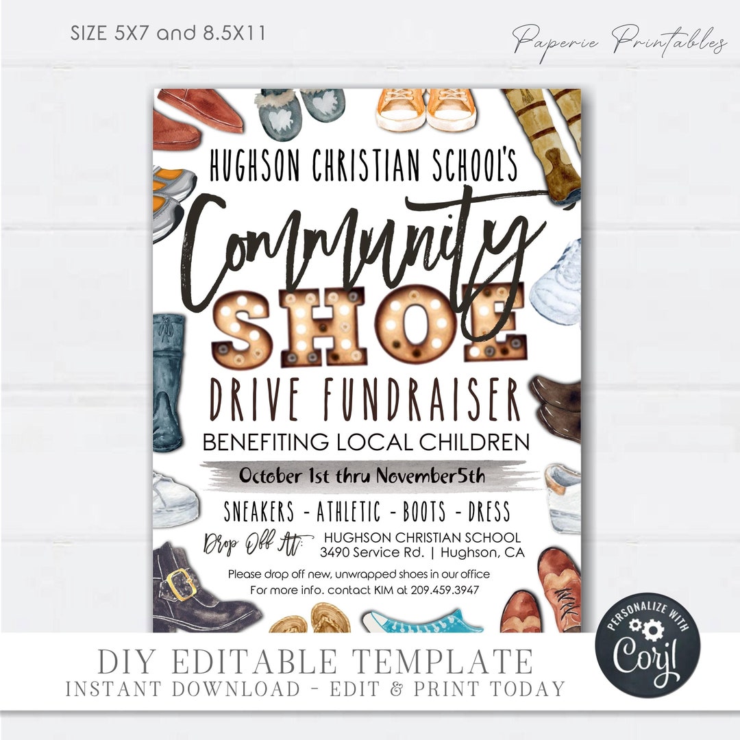 EDITABLE Community Shoe Drive Fundraiser Flyer, Shoe Fundraiser Flyer ...
