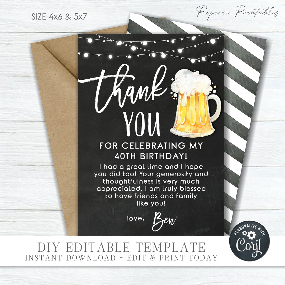 Cheers and Beers Birthday Thank You Card: Editable Template (DIY Edit ...