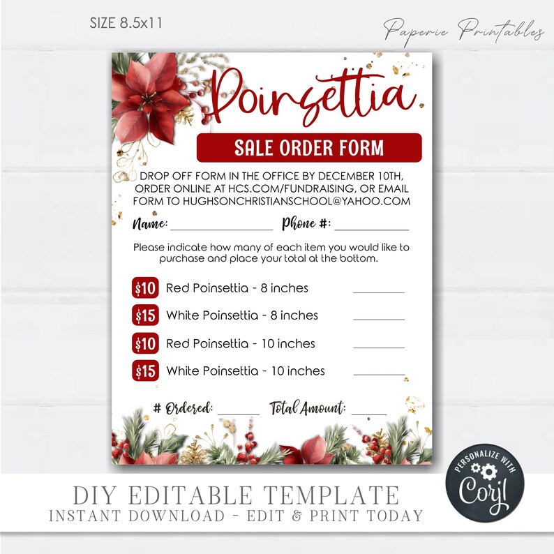 EDITABLE Poinsettia Sale Order Form, Christmas Flower Sale Order Form ...