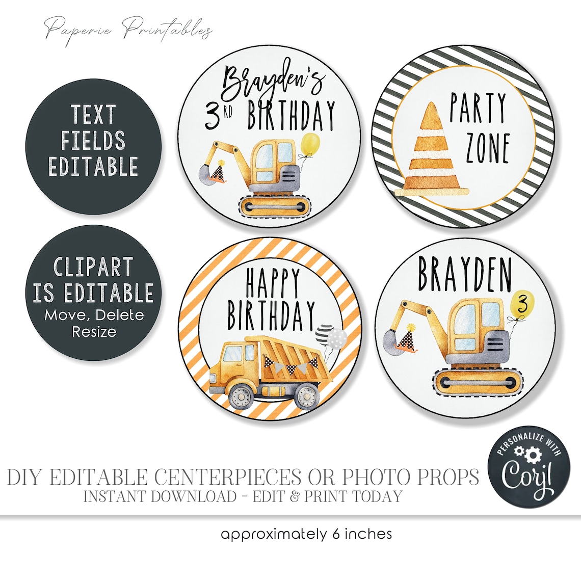 Editable Construction Party Centerpieces Diy Construction Etsy