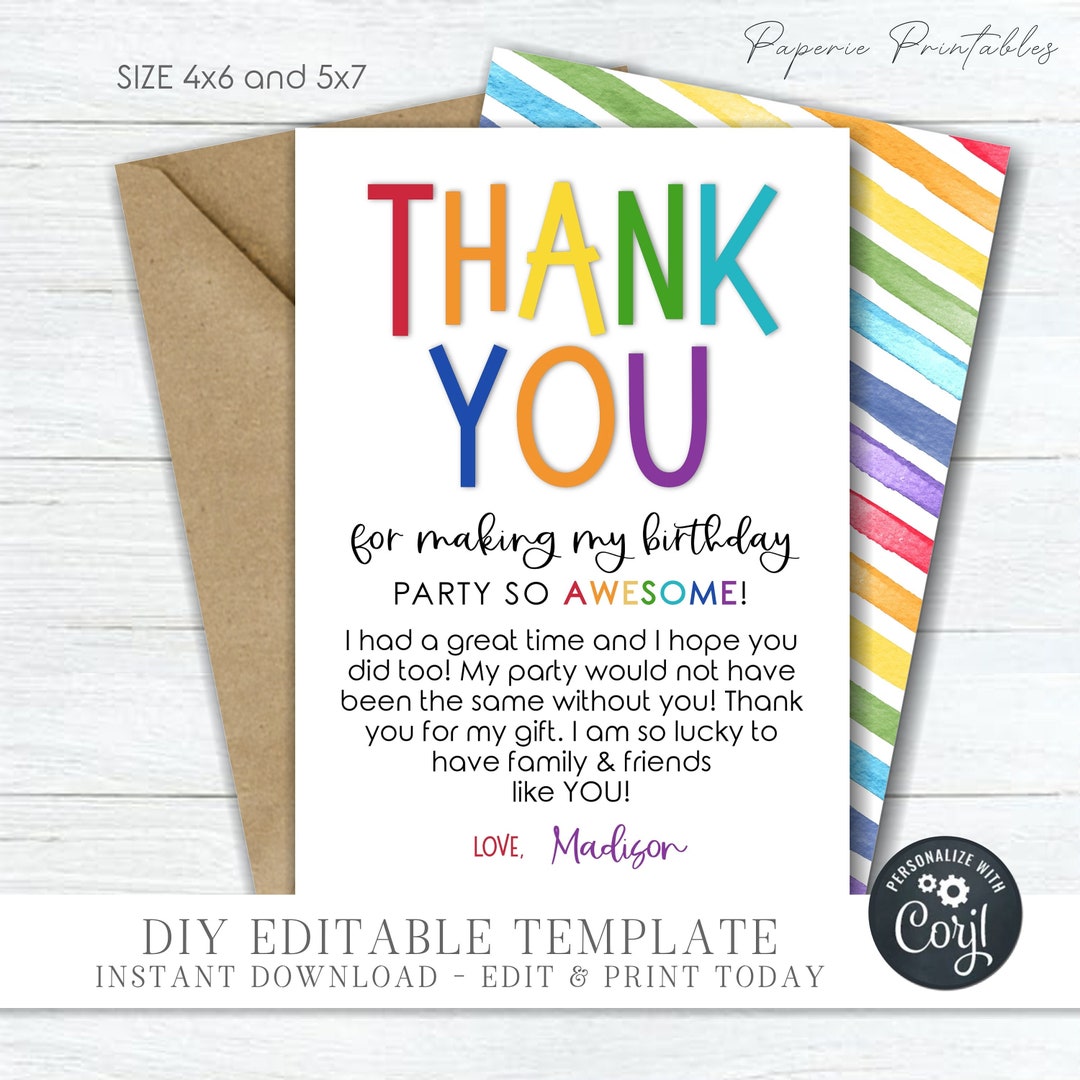 Colorful Birthday Thank You Card: Editable DIY Template (4x6 & 5x7) # ...