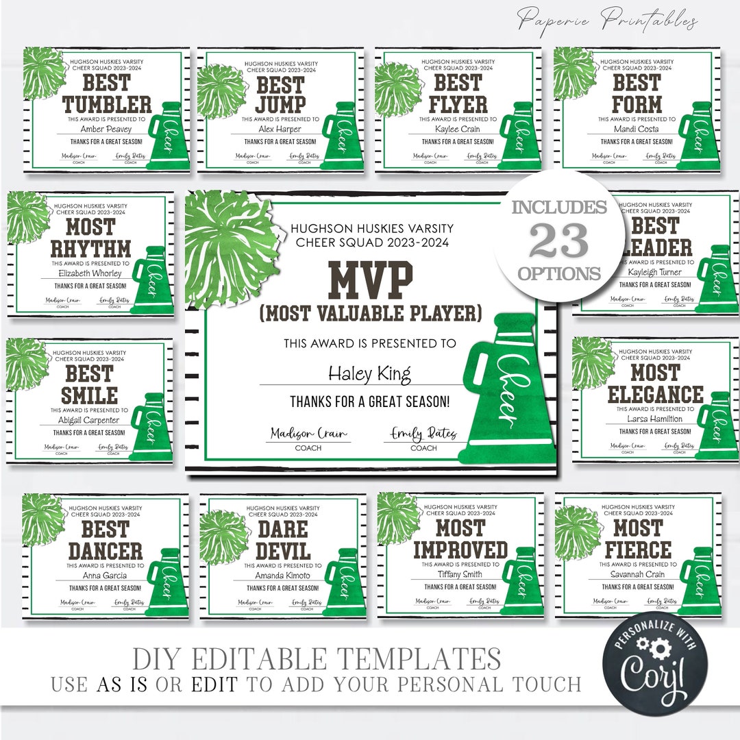 Editable Cheerleading Award Certificate: Green & White Team (DIY W ...