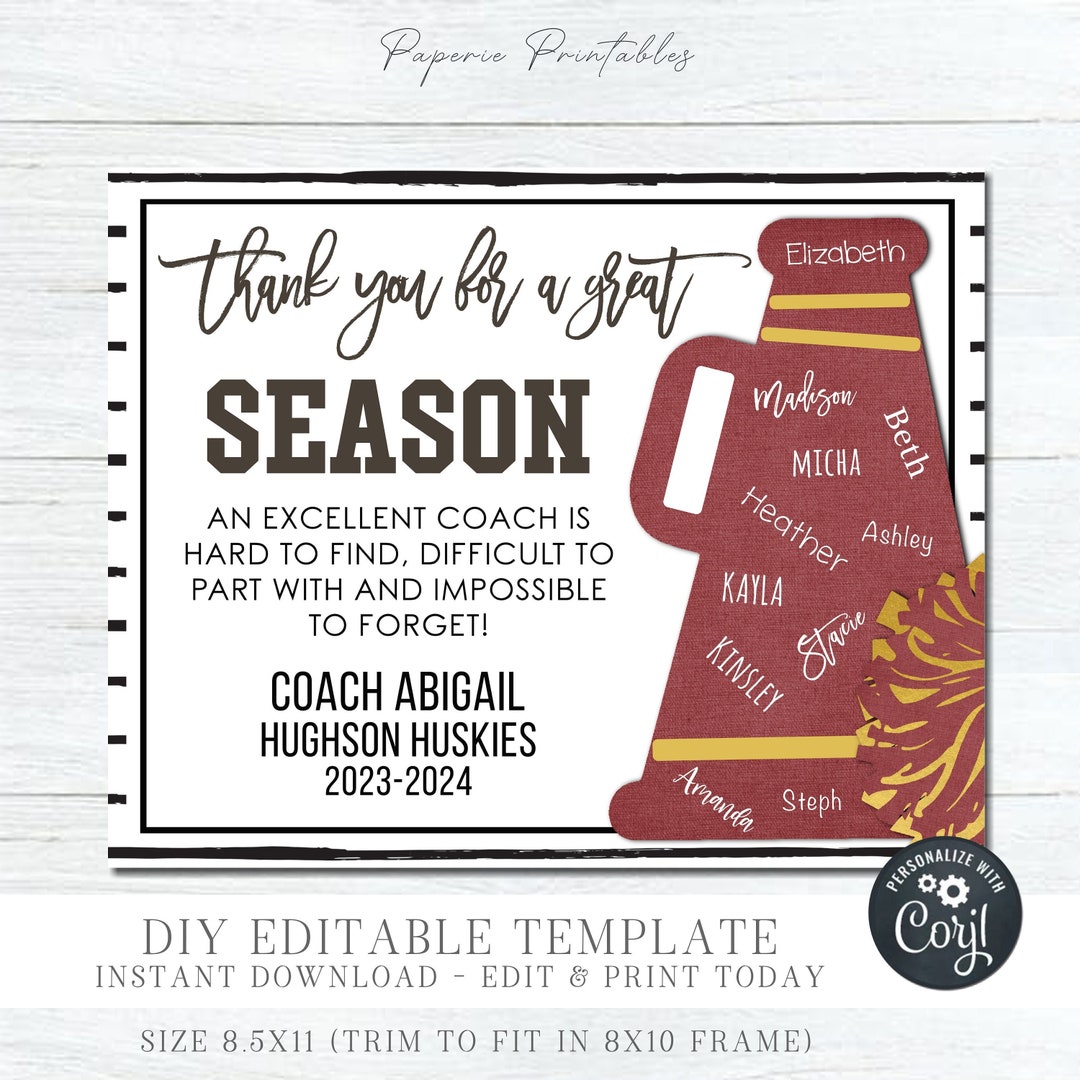 Editable Cheerleading Coach Gift Printable: Team Appreciation (digital ...