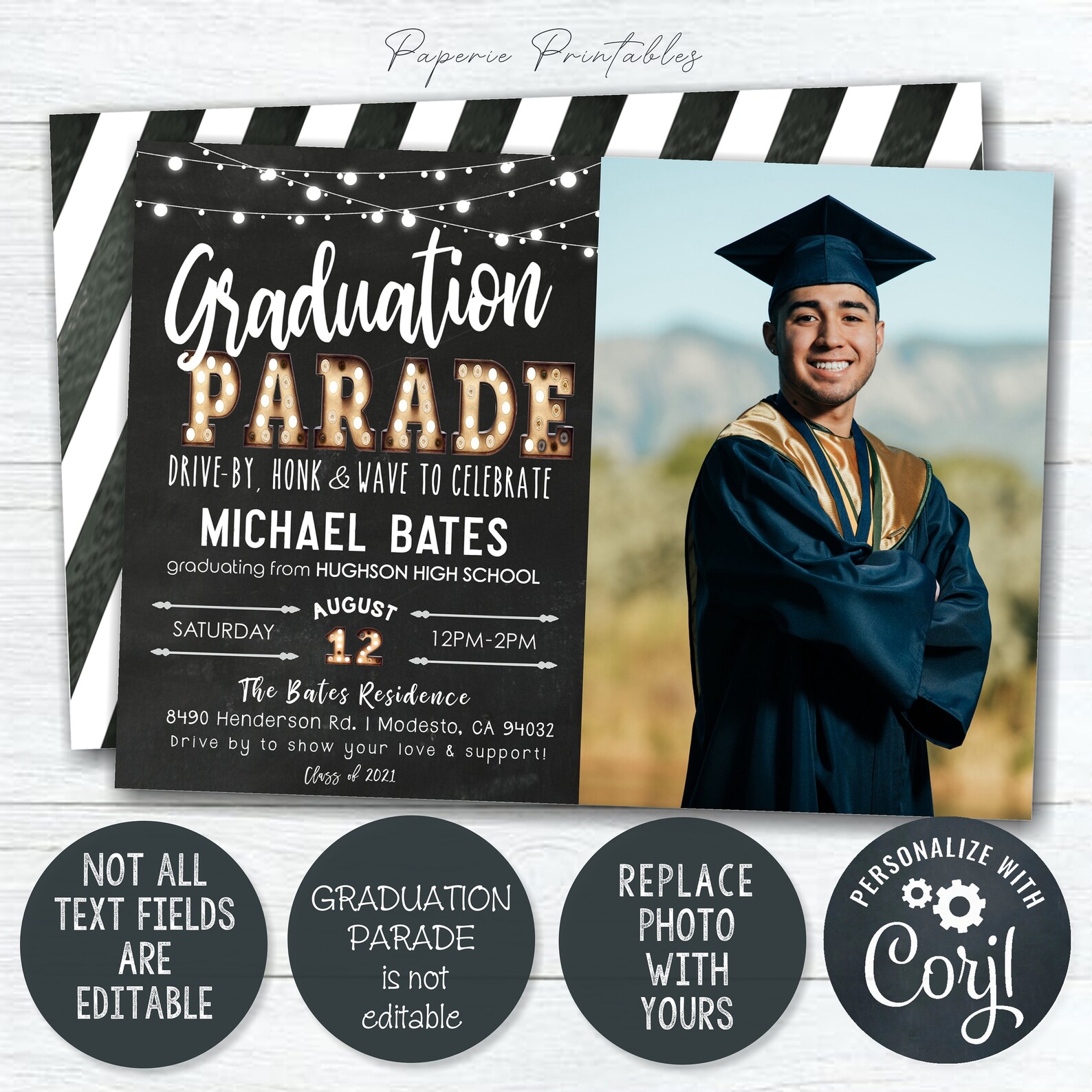 Editable Graduation Parade Invitation: Photo Option (DIY Corjl Template ...