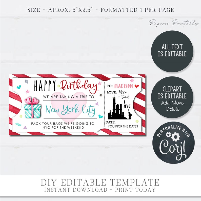 EDITABLE NYC Trip Gift Voucher Birthday Gift Coupon New York - Etsy