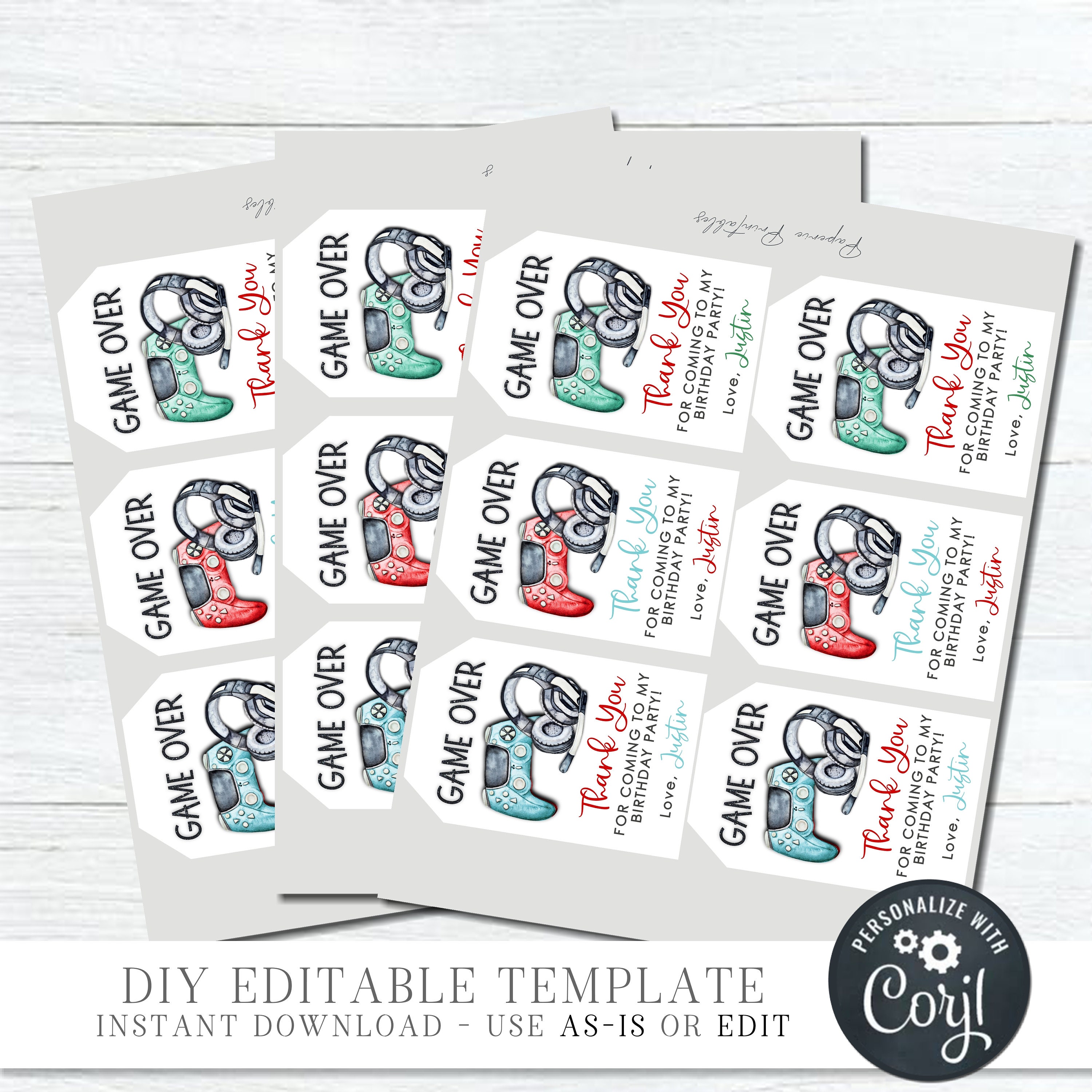 Editable Gaming Party Favor Tags: Video Game Birthday Thank You Tags ...