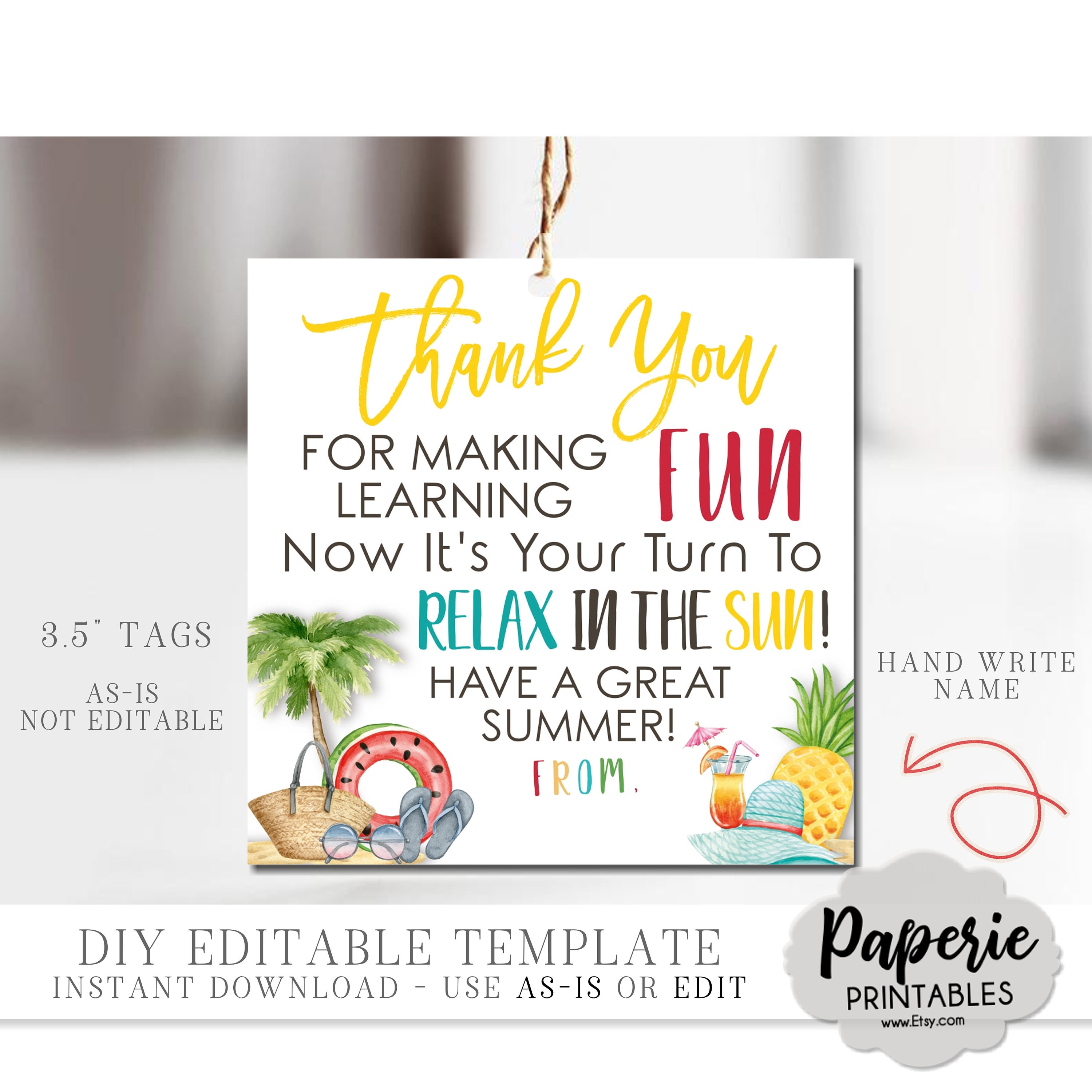 EDITABLE End of School Teacher Gift Tags, Teacher Appreciation Gift ...