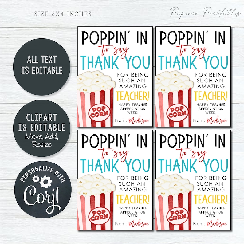EDITABLE Popcorn Teacher Appreciation Gift Tag Teacher - Etsy