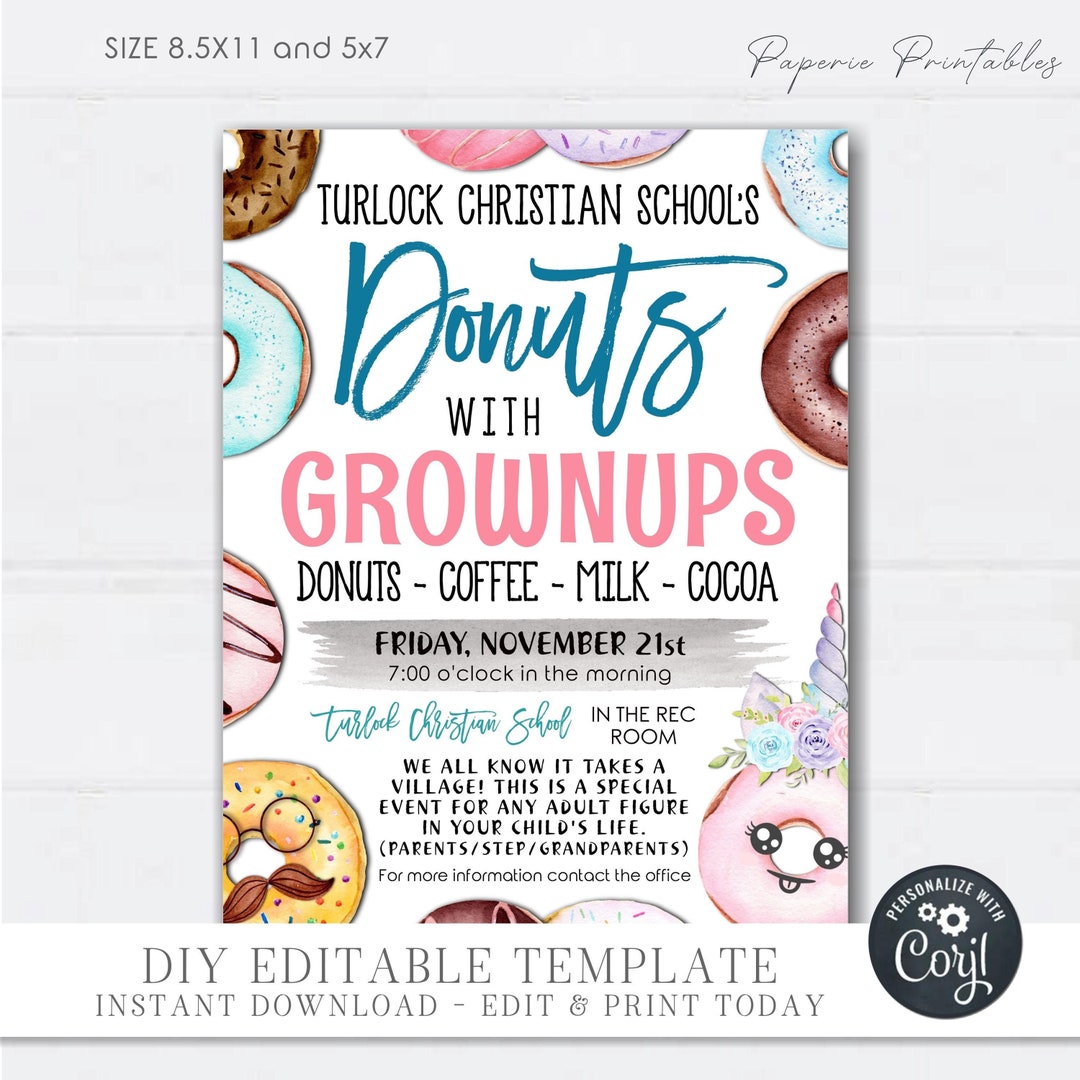 EDITABLE Donuts With Grownups Flyer, Appreciation Breakfast, Grownups ...