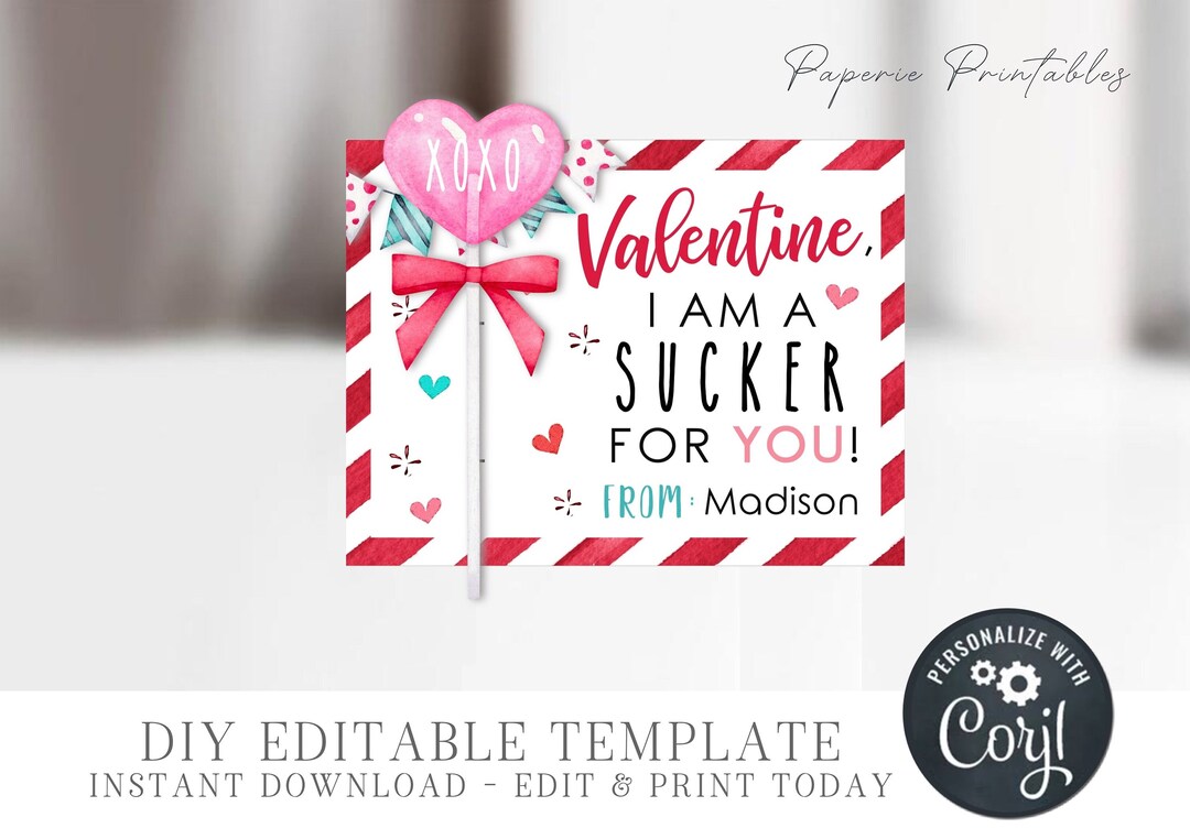 Editable Sucker Valentine Cards: School Valentine Tags (digital ...