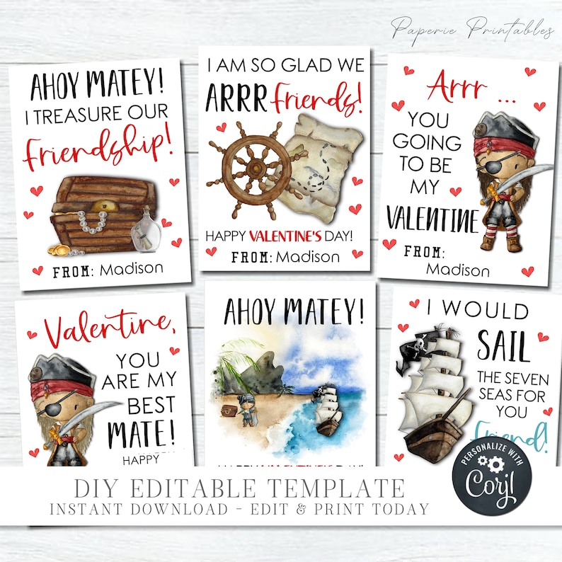 EDITABLE Pirate Valentine Cards Kid Valentine Cards School - Etsy