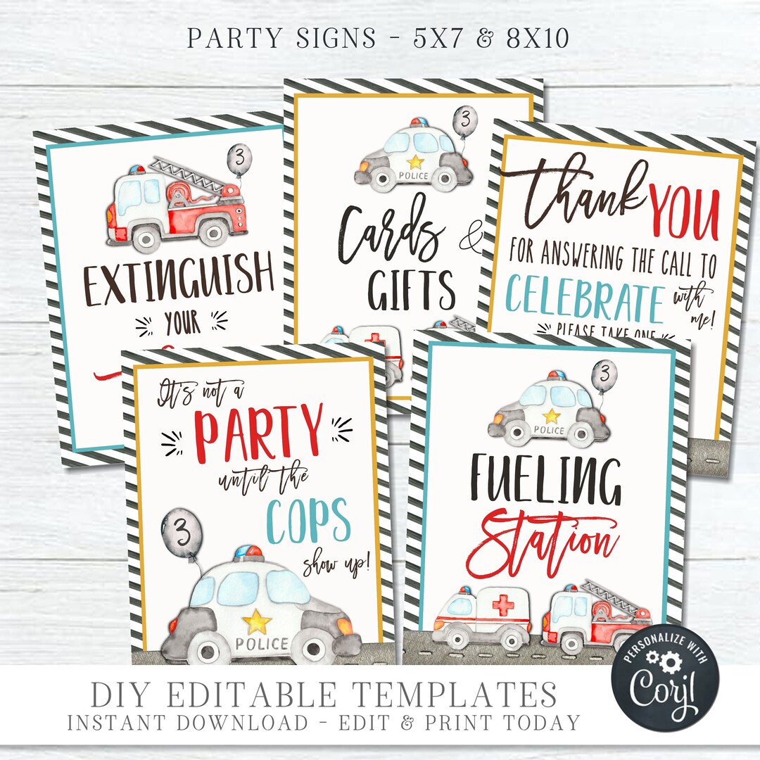 First Responders Birthday Party Signs: Editable DIY Decor (digital ...