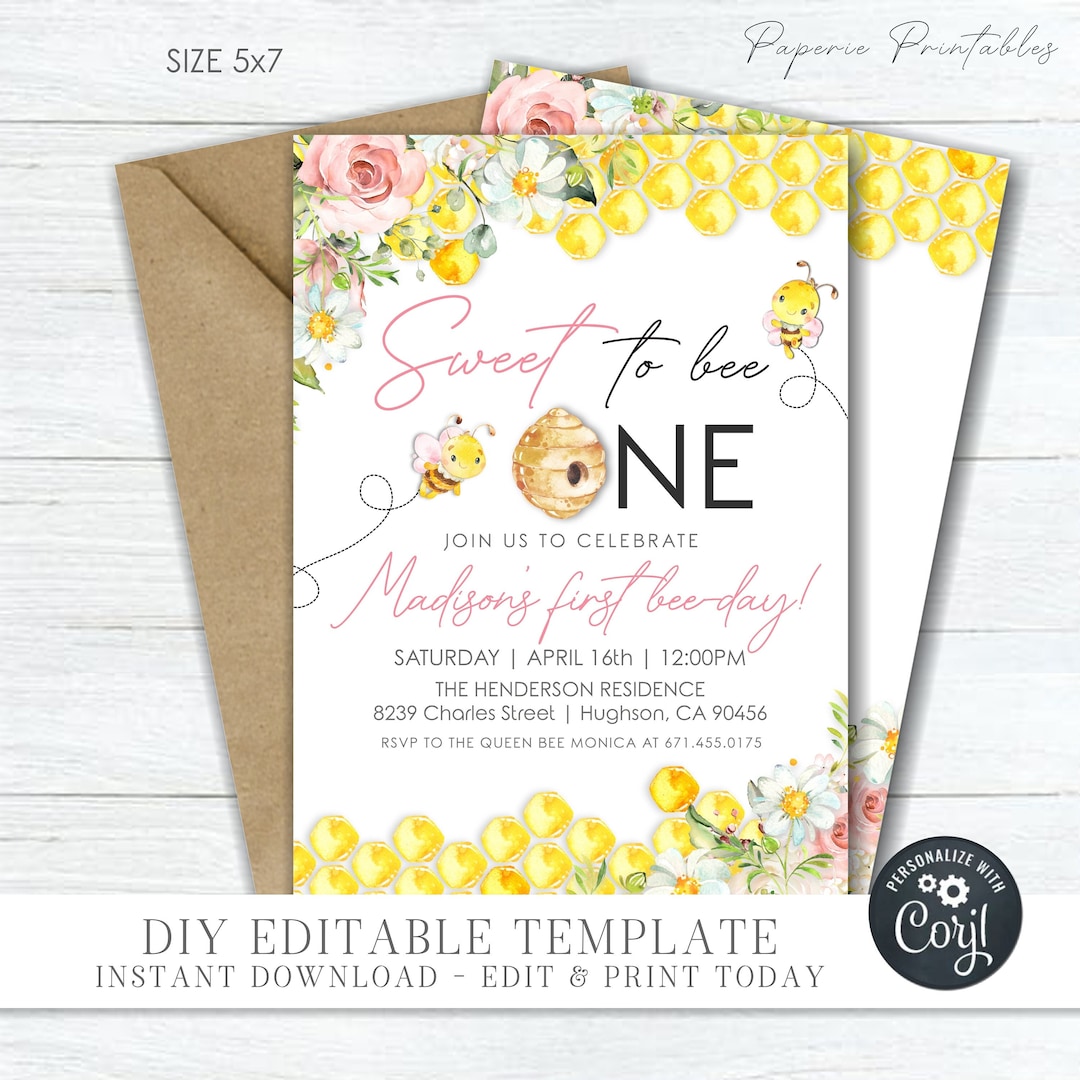 EDITABLE Sweet to Bee ONE Birthday Invitation, Bee-day Birthday ...