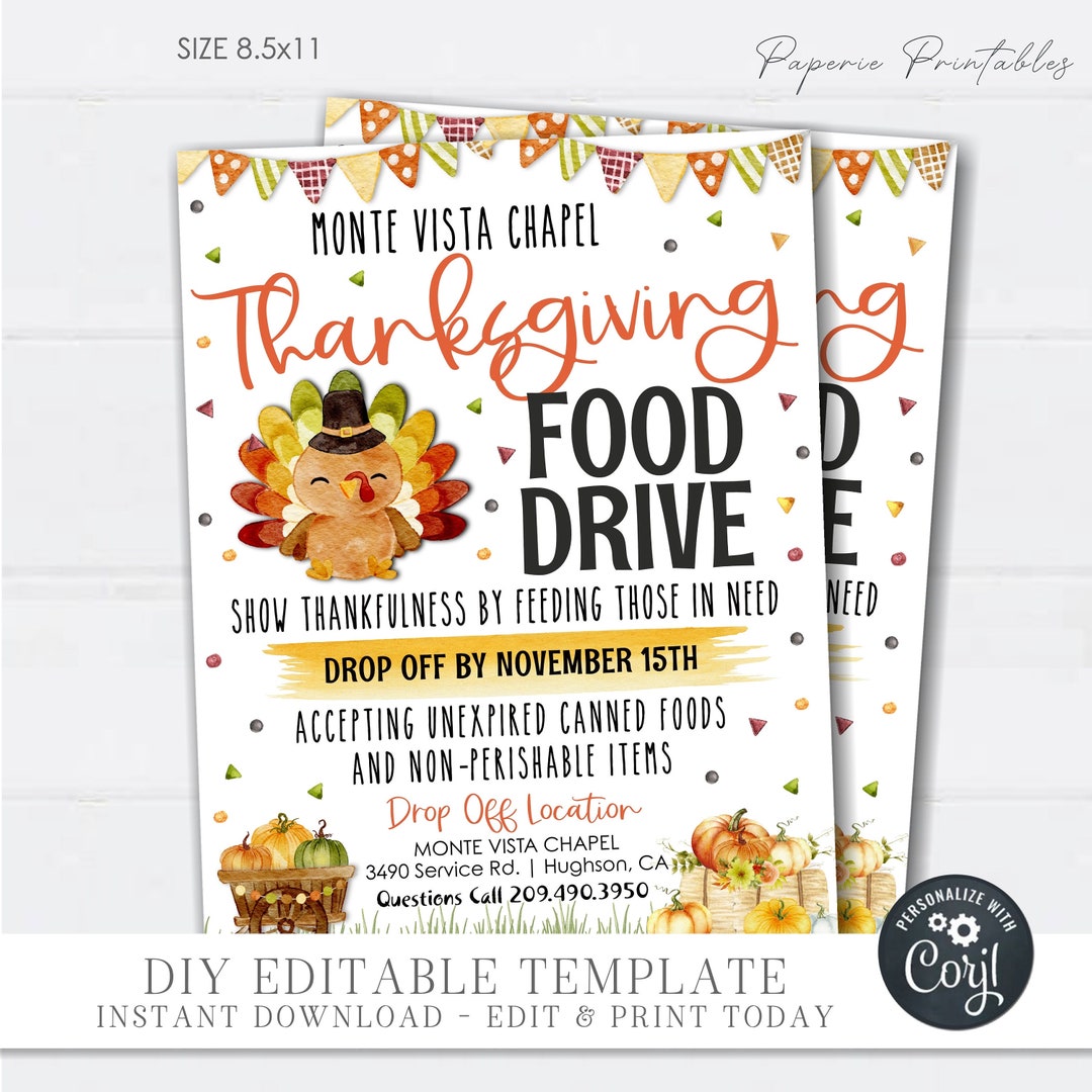 Editable Thanksgiving Food Drive Flyer: Community Event (DIY Corjl ...